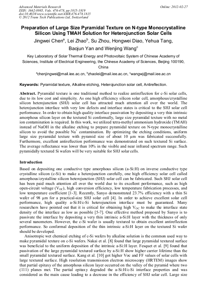Preparation of Large Size Pyramidal Texture on N-Type Monocrystalline ...