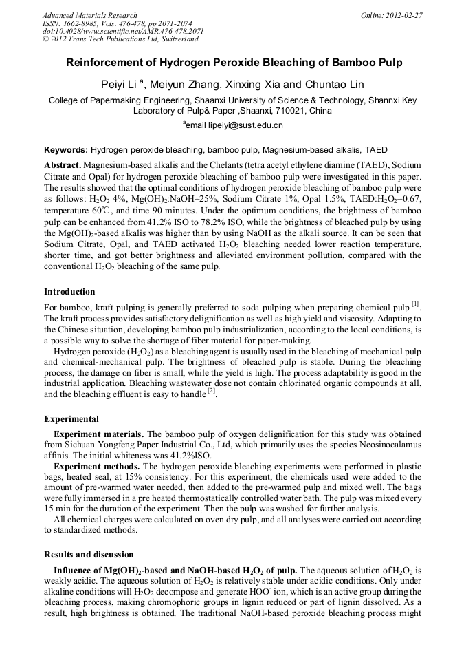 Reinforcement of Hydrogen Peroxide Bleaching of Bamboo Pulp ...