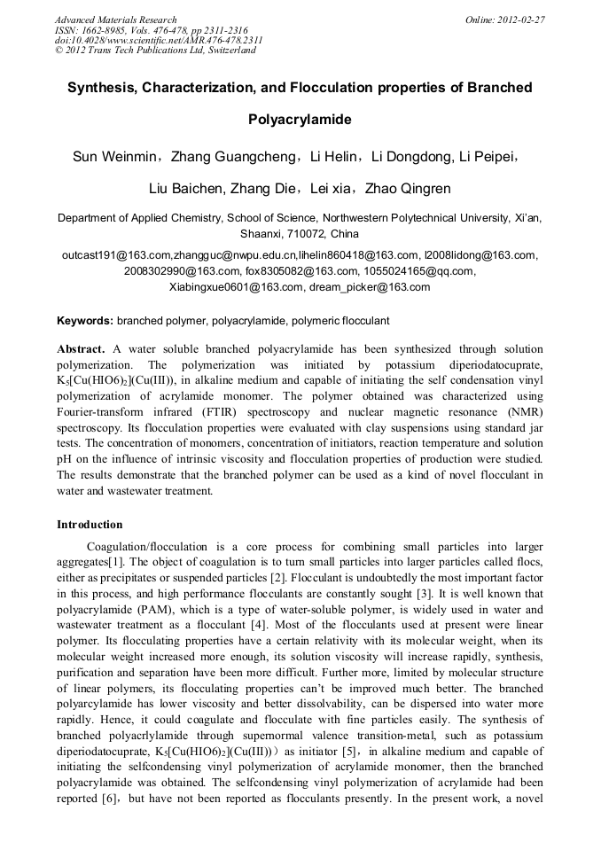 Synthesis, Characterization, and Flocculation Properties of Branched ...