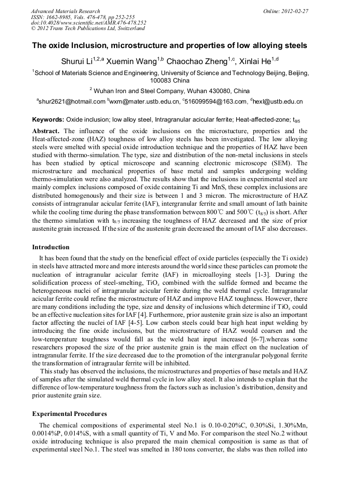 The Oxide Inclusion, Microstructure and Properties of Low Alloying ...