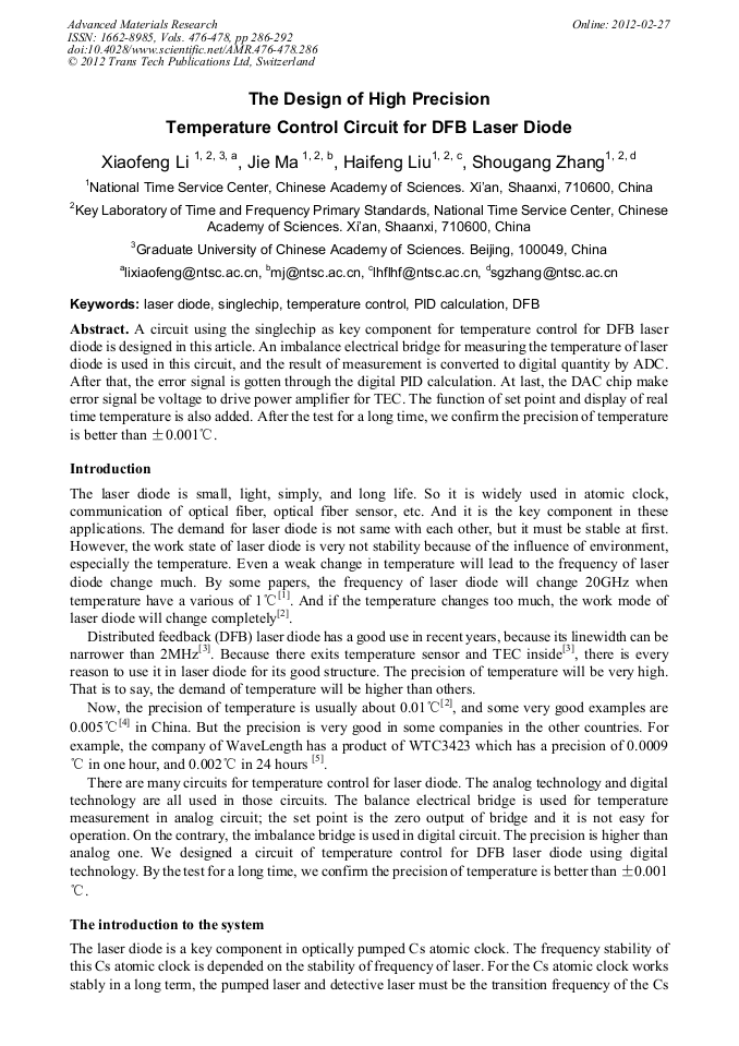 The Design of High Precision Temperature Control Circuit for DFB Laser ...