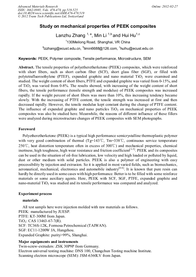 Study on Mechanical Properties of PEEK Composites | Scientific.Net