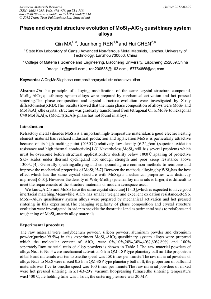 Phase and Crystal Structure Evolution of MoSi2-AlCr2 Quasibinary System ...