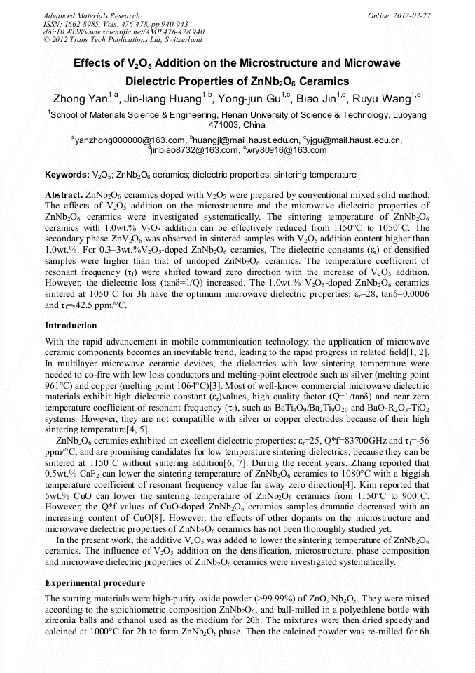 Effects of V2O5 Addition on the Microstructure and Microwave Dielectric ...