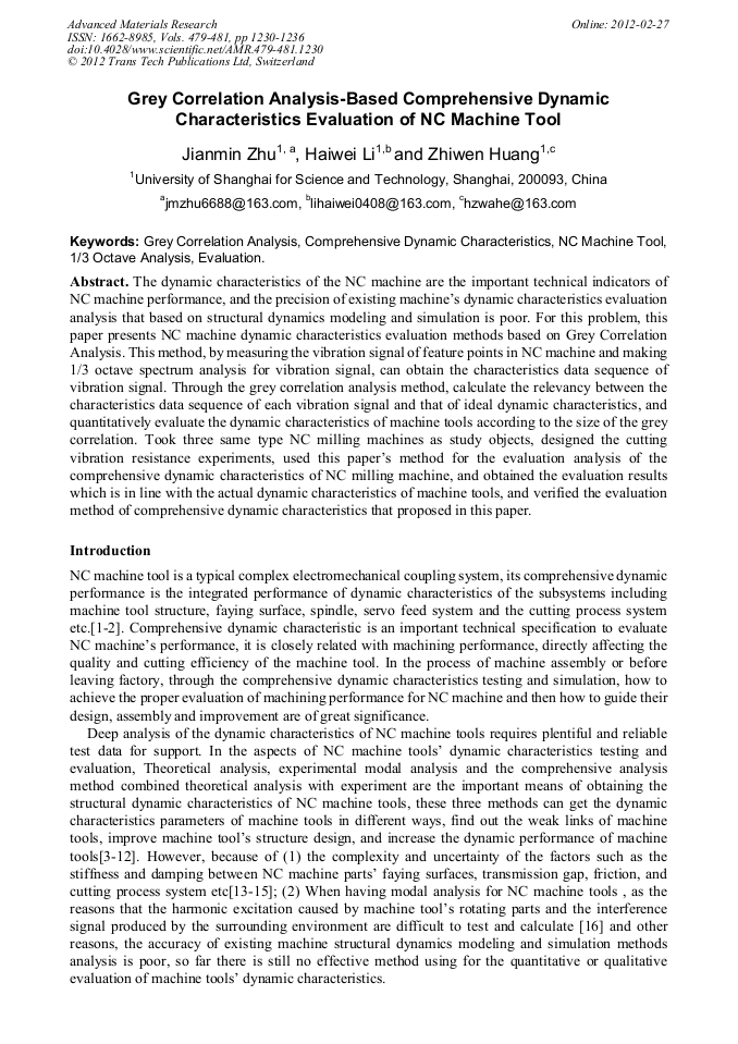 Grey Correlation Analysis-Based Comprehensive Dynamic Characteristics ...