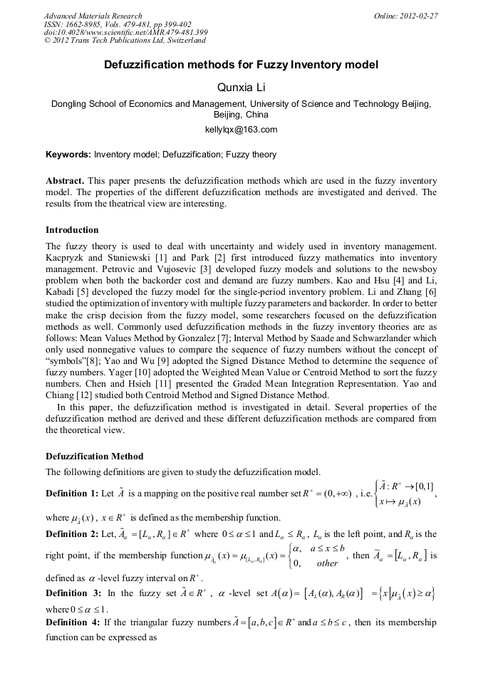 Defuzzification Methods for Fuzzy Inventory Model | Scientific.Net