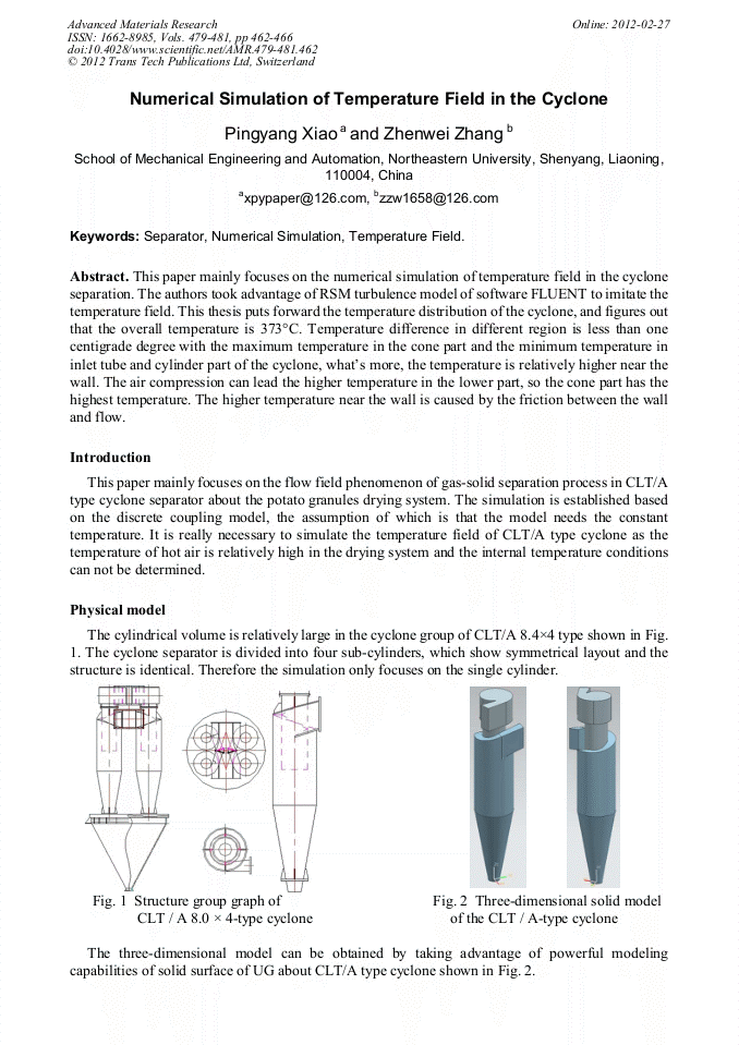 Numerical Simulation of Temperature Field in the Cyclone | Scientific.Net