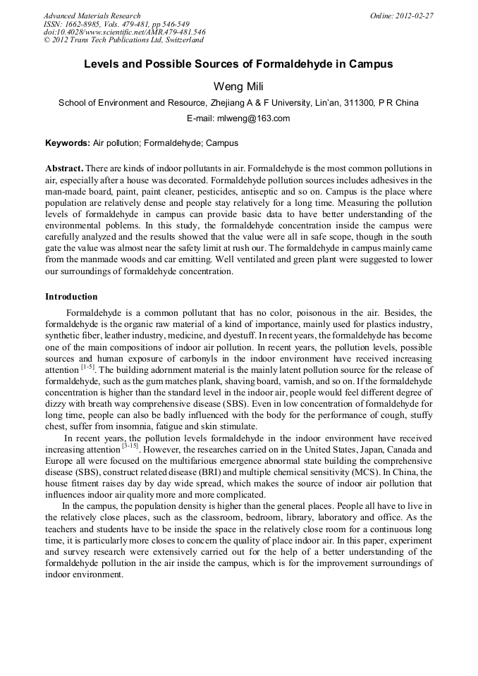 Levels and Possible Sources of Formaldehyde in Campus | Scientific.Net