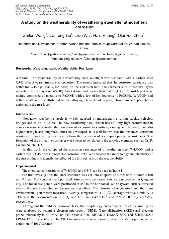 A Study on the Weatherability of Weathering Steel after Atmospheric ...