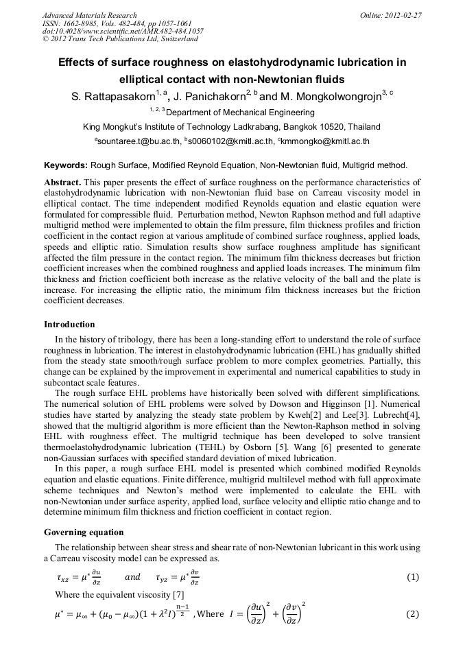 Effects of Surface Roughness on Elastohydrodynamic Lubrication in ...