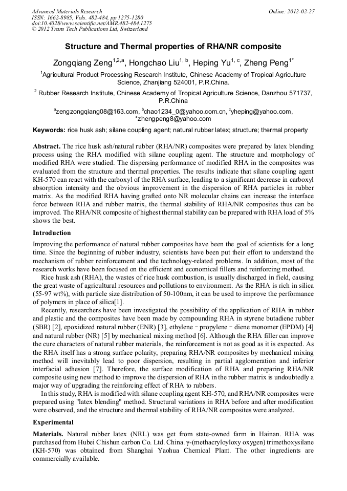 Structure and Thermal Properties of RHA/NR Composite | Scientific.Net