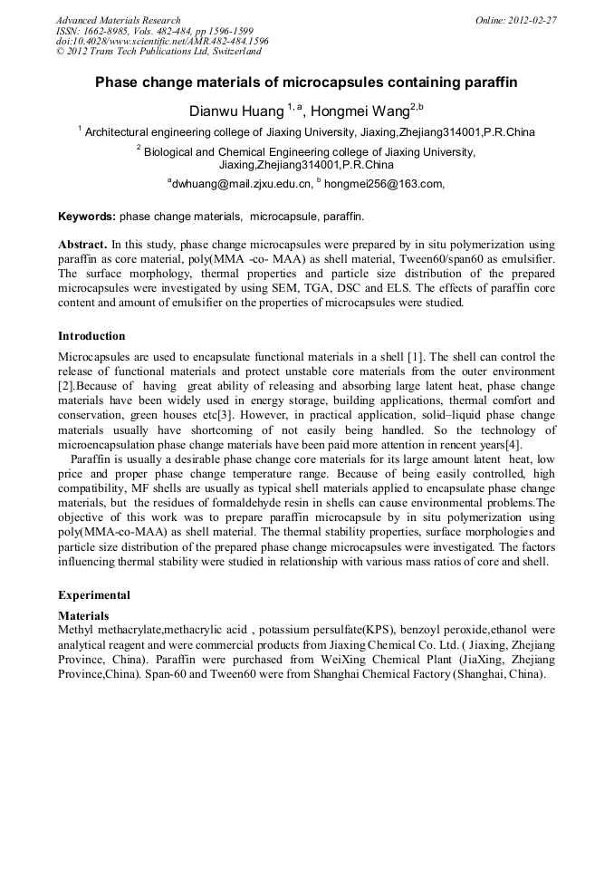 Phase Change Materials of Microcapsules Containing Paraffin ...