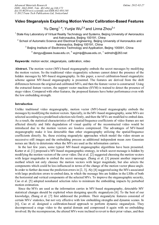 Video Steganalysis Exploiting Motion Vector Calibration-Based Features | Scientific.Net