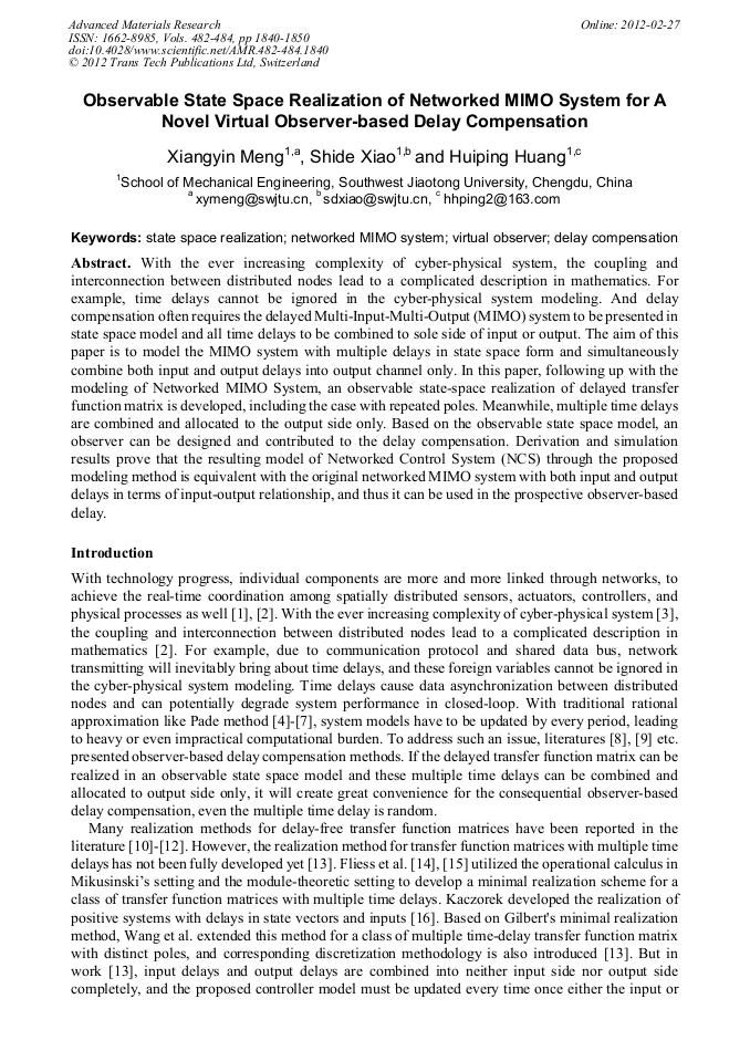 Observable State Space Realization of Networked MIMO System for a Novel ...