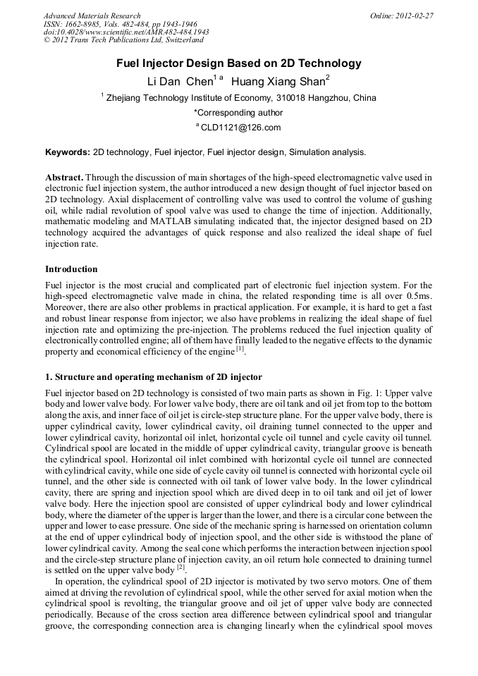 Fuel Injector Design Based on 2D Technology | Scientific.Net