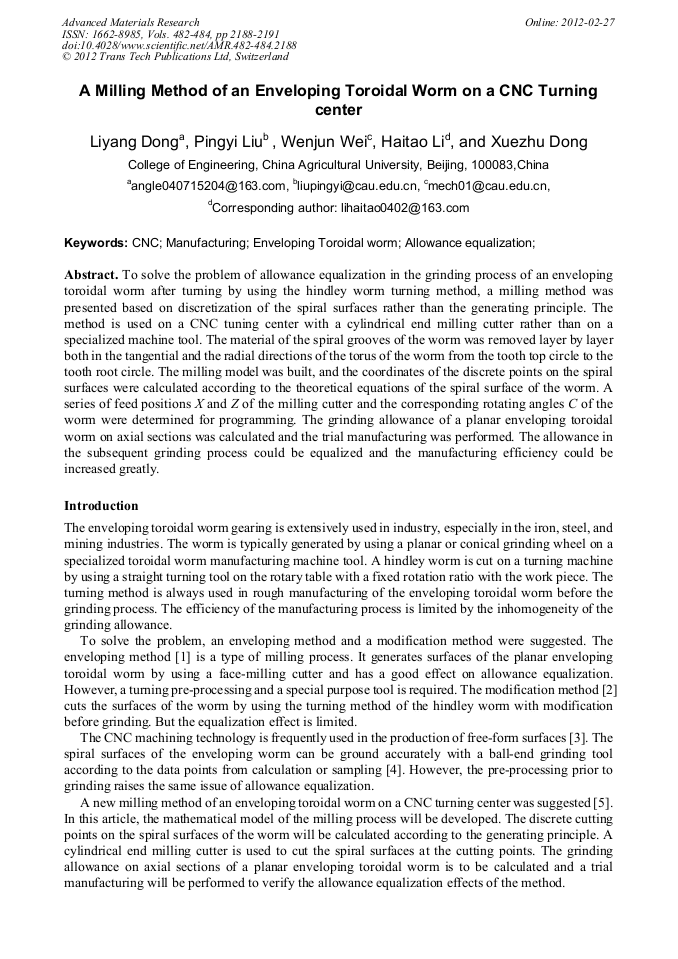 A Milling Method of an Enveloping Toroidal Worm on a CNC Turning Center ...