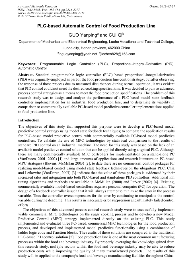 PLC-based Automatic Control of Food Production Line | Scientific.Net