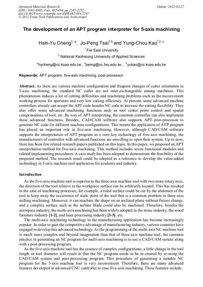 The Development of an APT Program Interpreter for 5-Axis Machining ...