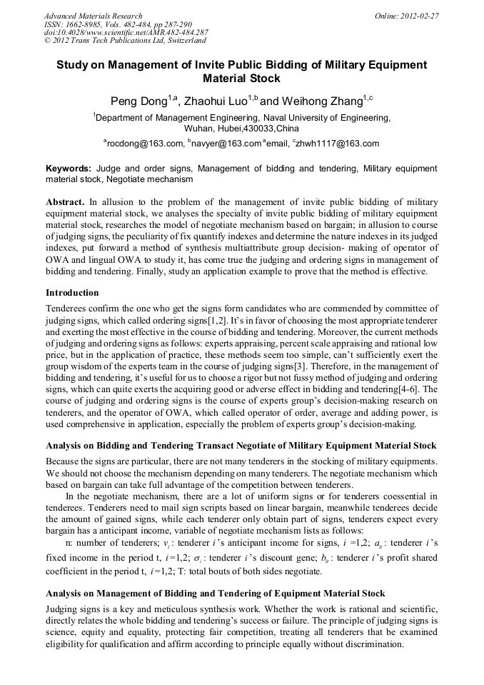 Study on Management of Invite Public Bidding of Military Equipment ...