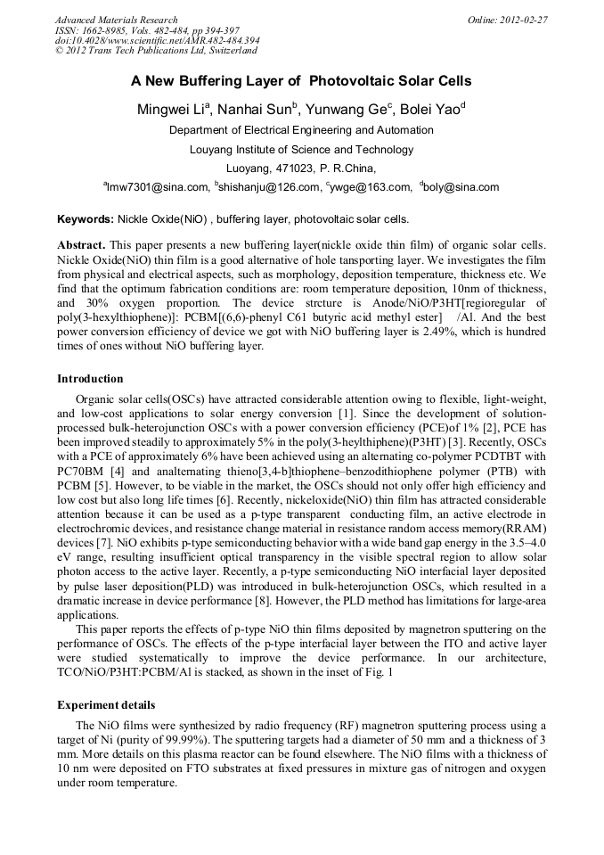 A New Buffering Layer of Photovoltaic Solar Cells | Scientific.Net
