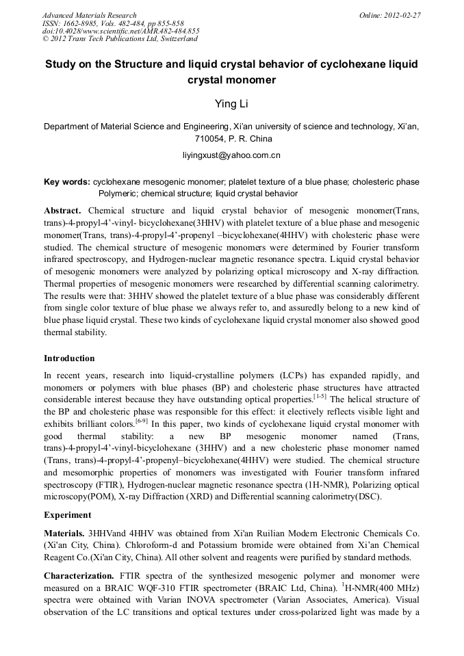 Study on the Structure and Liquid Crystal Behavior of Cyclohexane ...