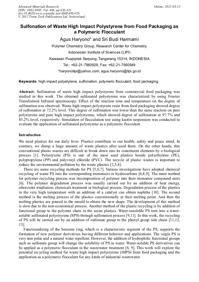 Sulfonation of Waste High Impact Polystyrene from Food Packaging as a ...