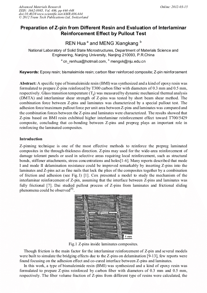 Preparation of Z-Pin from Different Resin and Evaluation of ...