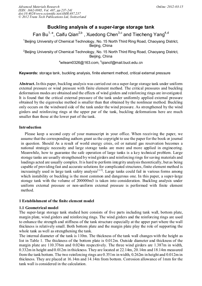 Buckling Analysis of a Super-Large Storage Tank | Scientific.Net