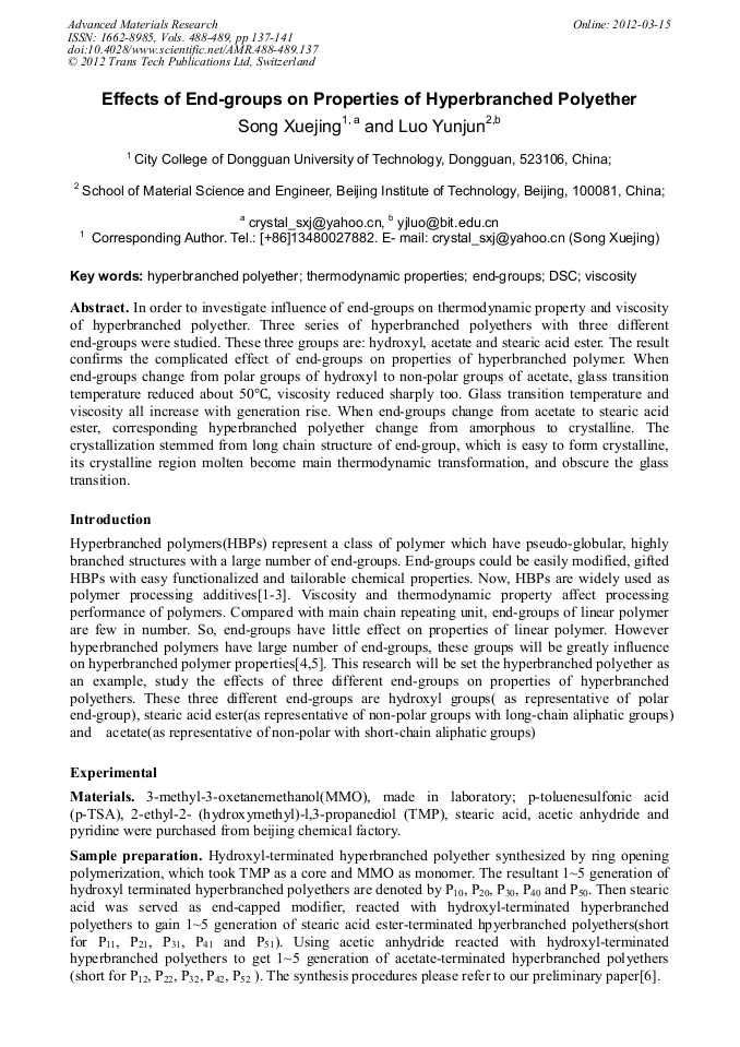 Effects of End-Groups on Properties of Hyperbranched Polyether ...