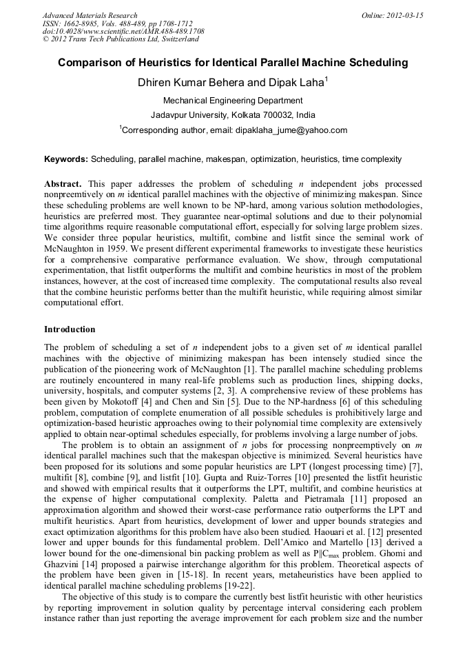 Comparison of Heuristics for Identical Parallel Machine Scheduling ...
