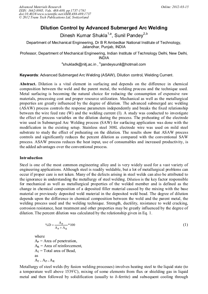 Dilution Control by Advanced Submerged Arc Welding | Scientific.Net