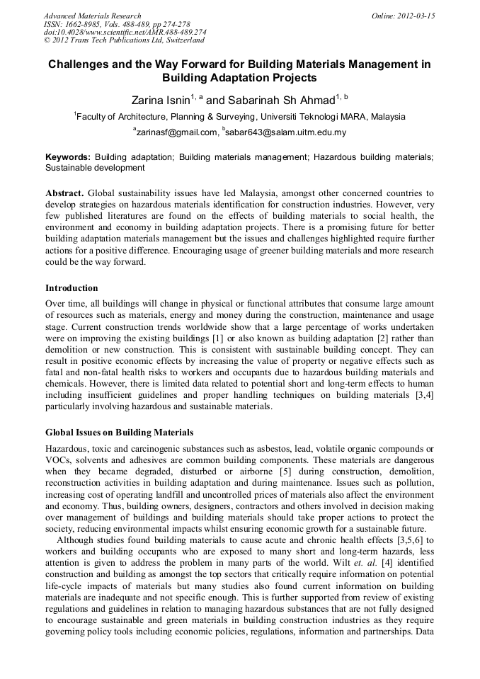 Challenges and the Way Forward for Building Materials Management in ...