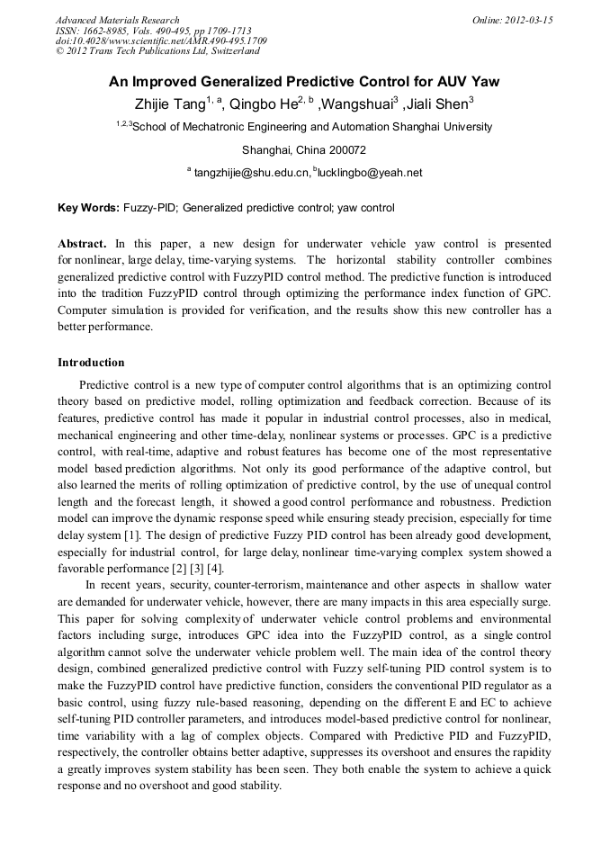 An Improved Generalized Predictive Control for AUV Yaw | Scientific.Net