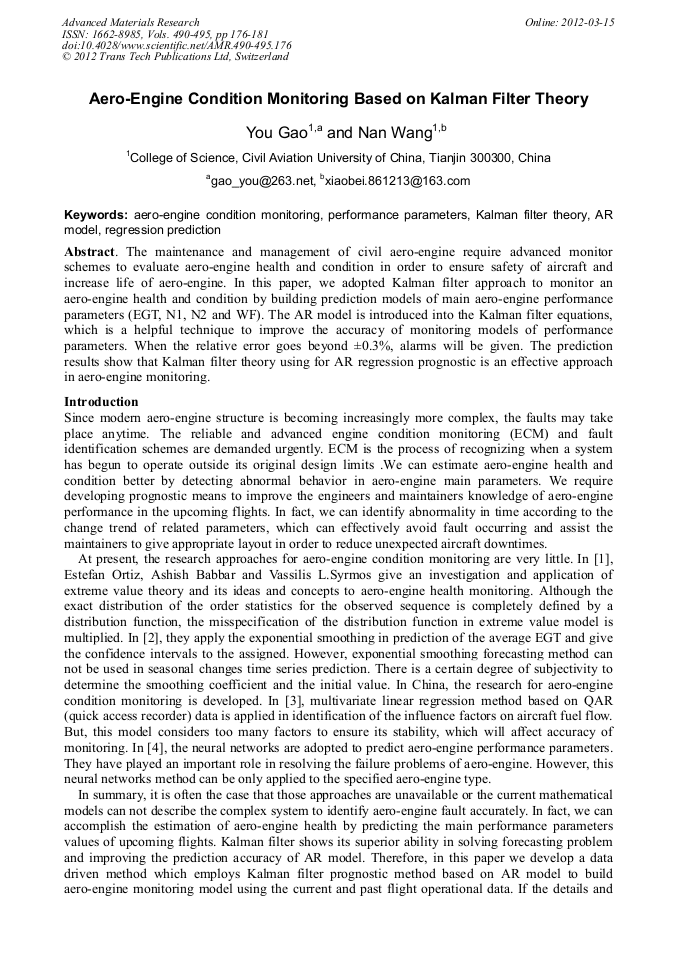 Aero-Engine Condition Monitoring Based on Kalman Filter Theory ...