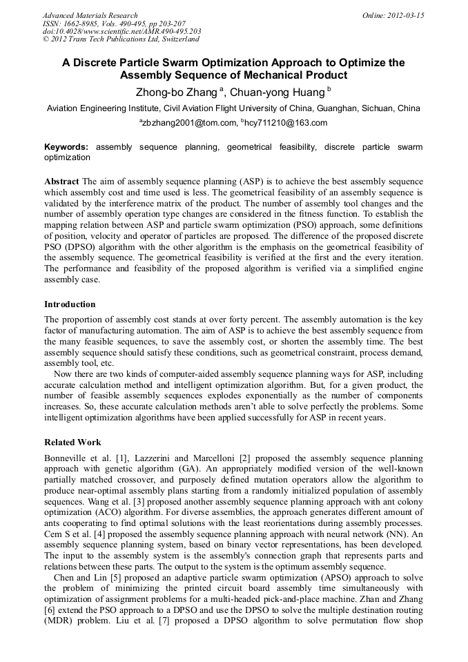 A Discrete Particle Swarm Optimization Approach to Optimize the Assembly Sequence of Mechanical ...