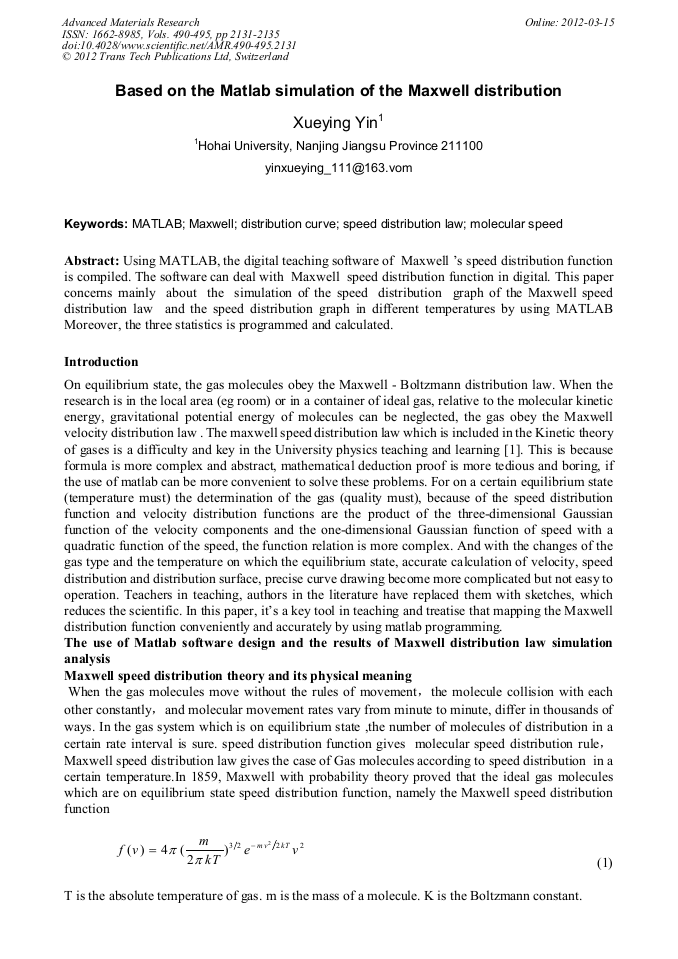 Based on the Matlab Simulation of the Maxwell Distribution | Scientific.Net
