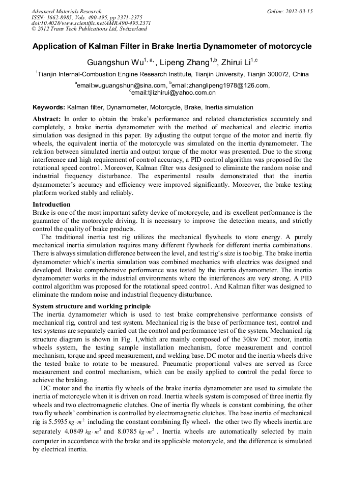 Application of Kalman Filter in Brake Inertia Dynamometer of Motorcycle ...