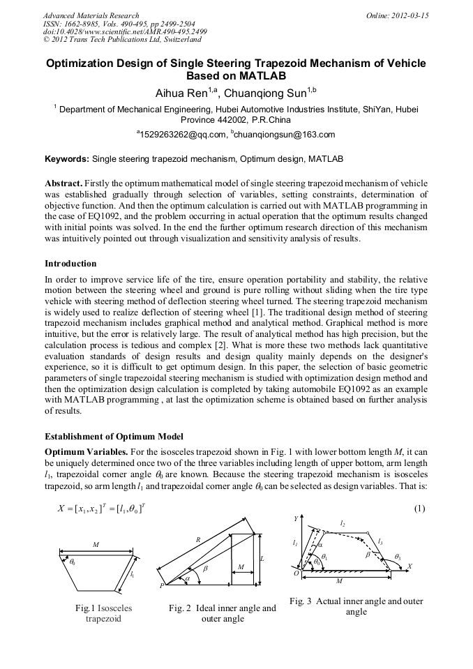 Optimization Design of Single Steering Trapezoid Mechanism of Vehicle ...