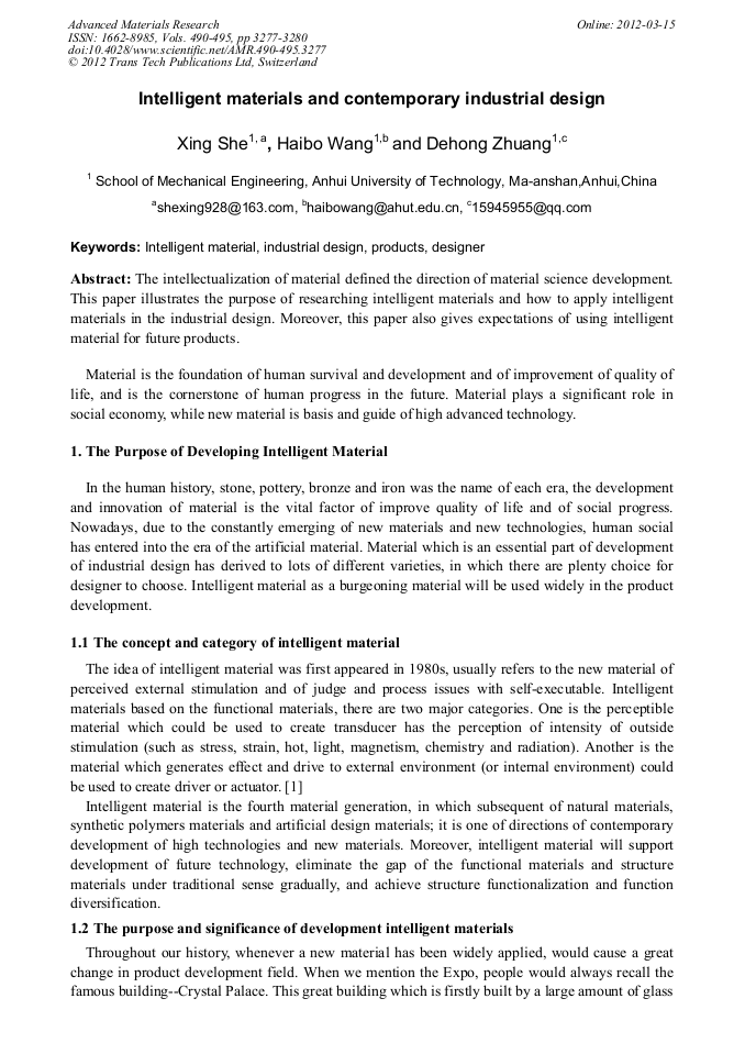 Intelligent Materials and Contemporary Industrial Design | Scientific.Net