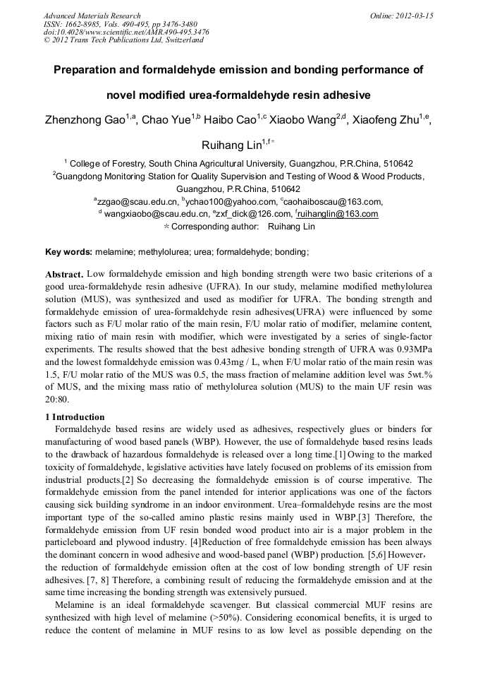 Preparation and Formaldehyde Emission and Bonding Performance of Novel ...