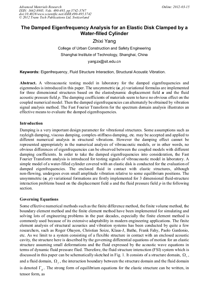 The Damped Eigenfrequency Analysis for an Elastic Disk Clamped by a Water-Filled Cylinder ...