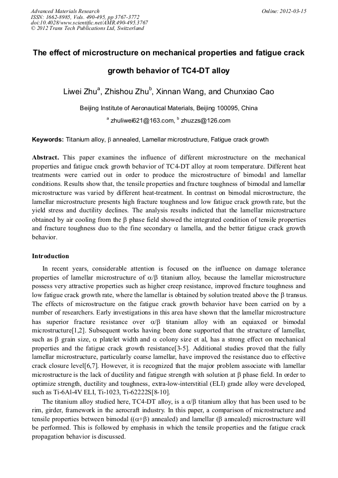 The Effect of Microstructure on Mechanical Properties and Fatigue Crack Growth Behavior of TC4 ...