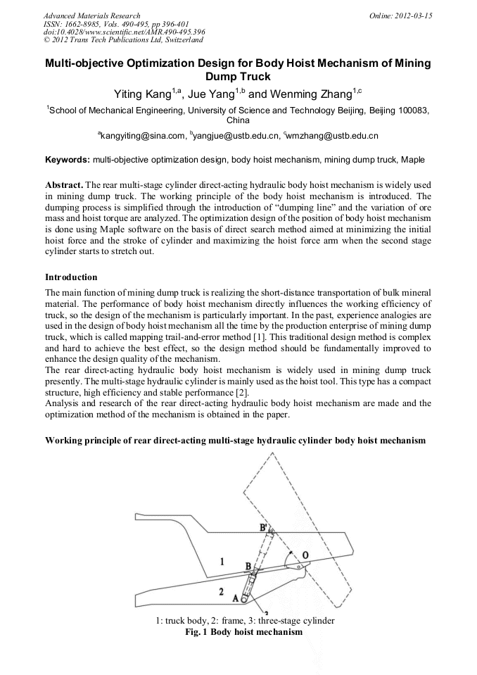 Multi-Objective Optimization Design for Body Hoist Mechanism of Mining ...