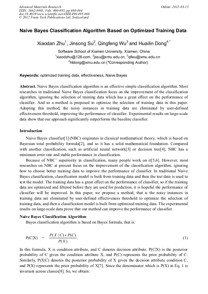 Naive Bayes Classification Algorithm Based on Optimized Training Data ...