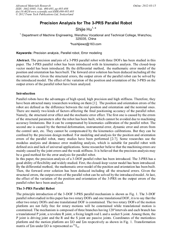Precision Analysis for the 3-PRS Parallel Robot | Scientific.Net
