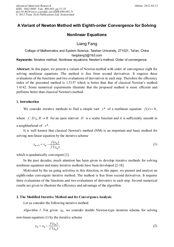 A Variant of Newton Method with Eighth-Order Convergence for Solving Nonlinear Equations ...