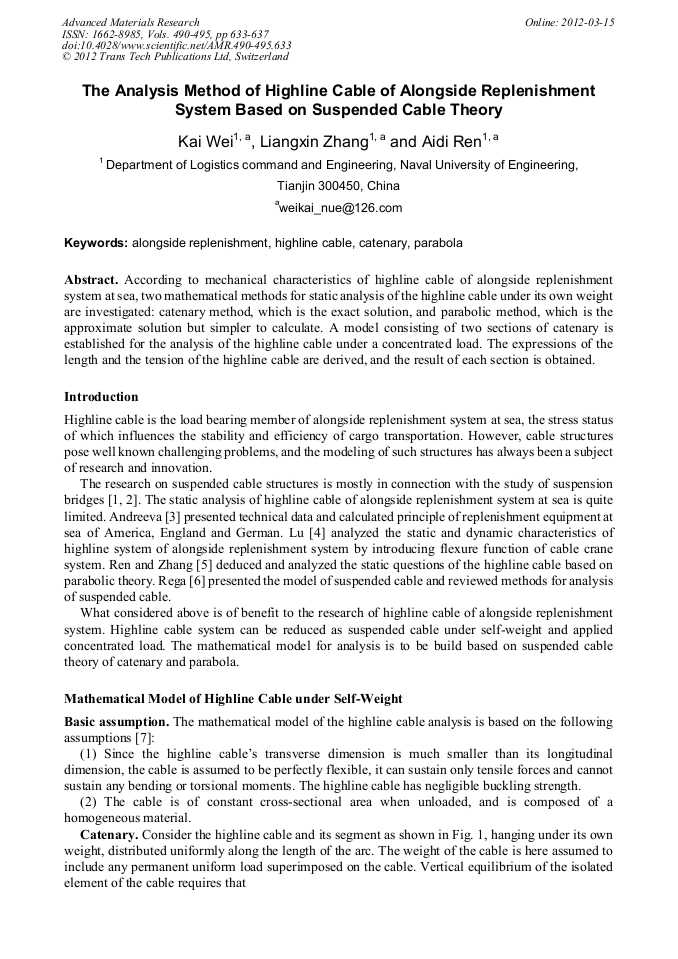 The Analysis Method of Highline Cable of Alongside Replenishment System ...