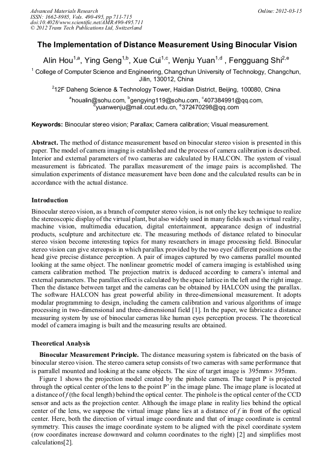 The Implementation of Distance Measurement Using Binocular Vision ...