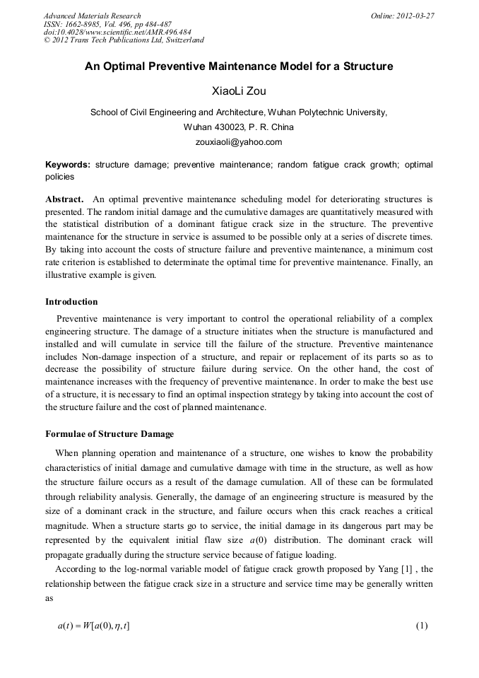 An Optimal Preventive Maintenance Model for a Structure | Scientific.Net