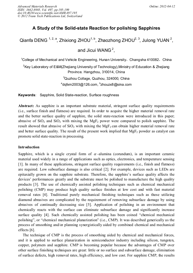 A Study of the Solid-State Reaction for Polishing Sapphires ...